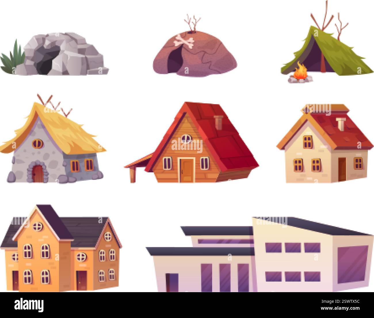 House evolution. Building architecture time progress prehistoric stone ...