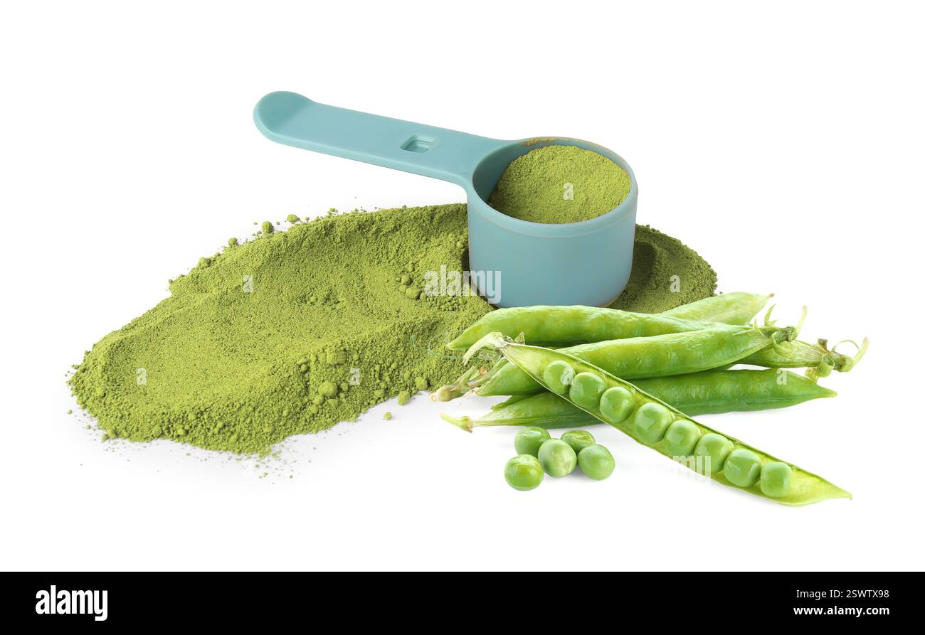 Protein powder, measuring scoop and green fresh peas on white ...
