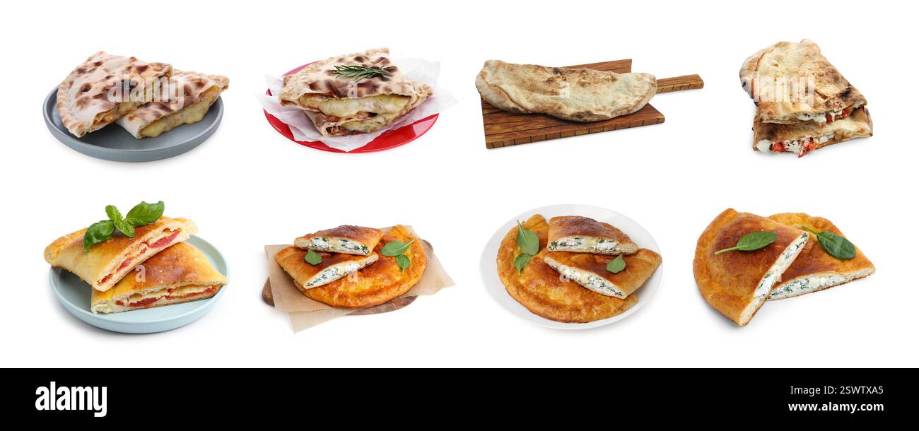 Different delicious calzones isolated on white, set Stock Photo - Alamy