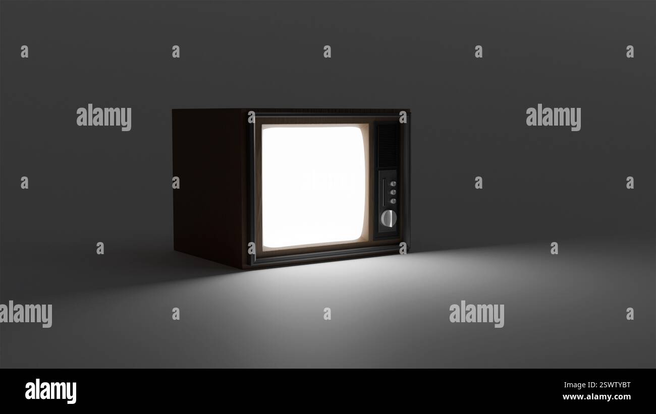 3D model of an old TV with light from the screen in the dark on a light ...