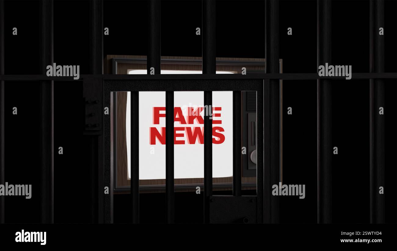 Text fake news on an old TV screen, and the TV is behind bars in a ...