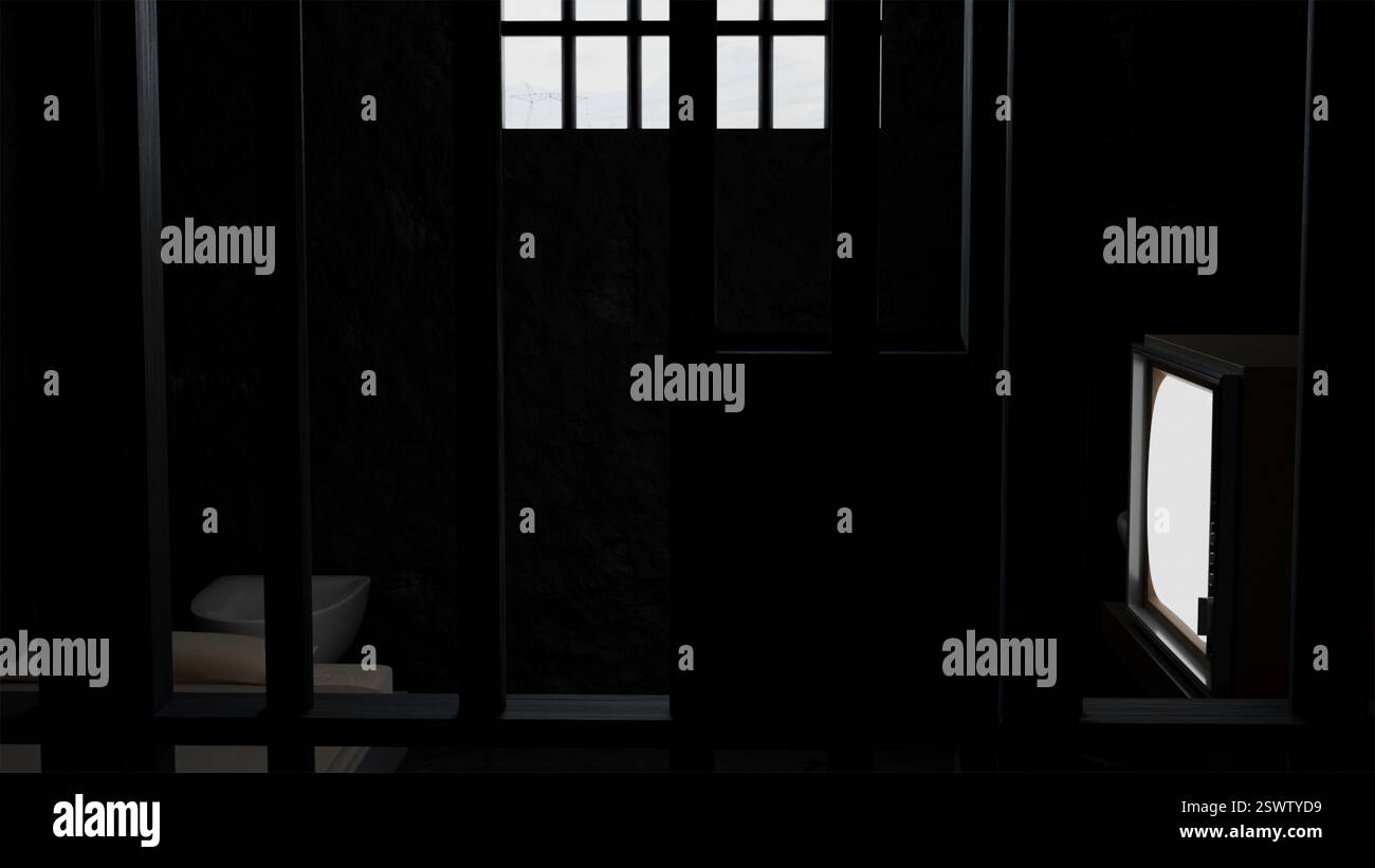 3D model of an old TV behind bars in a prison cell, retro TV, watching ...