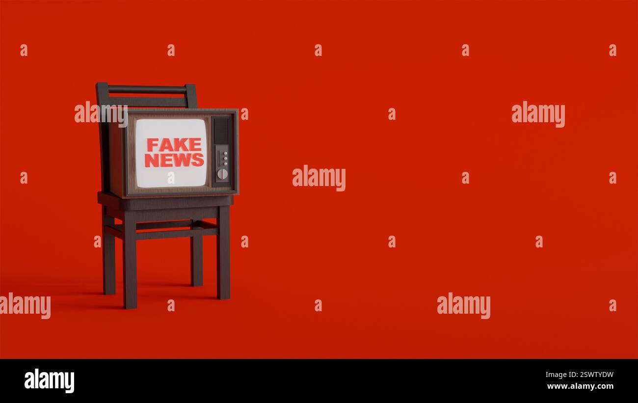 3D model of retro TV and text fake news and TV stands on a chair on a ...