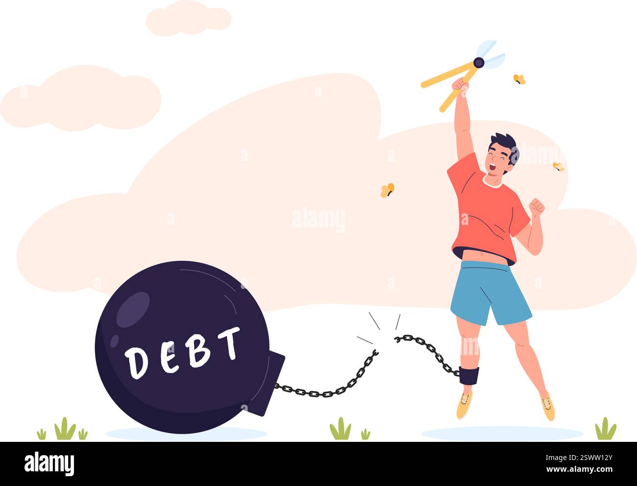 Debt free. Happy business man or student cut long chain of debt burden ...