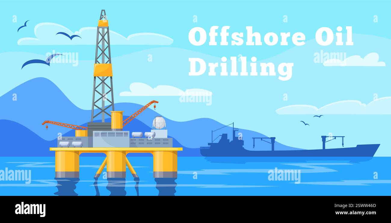 Offshore oil rig. Ocean or sea petrol drilling platform silhouette, gas ...