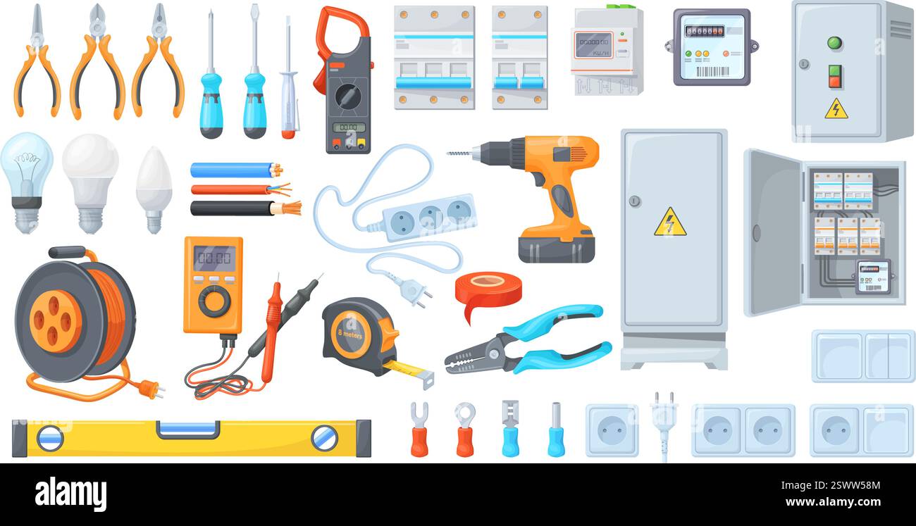Cartoon electrician tools. Electricity repair work tool, electric power ...