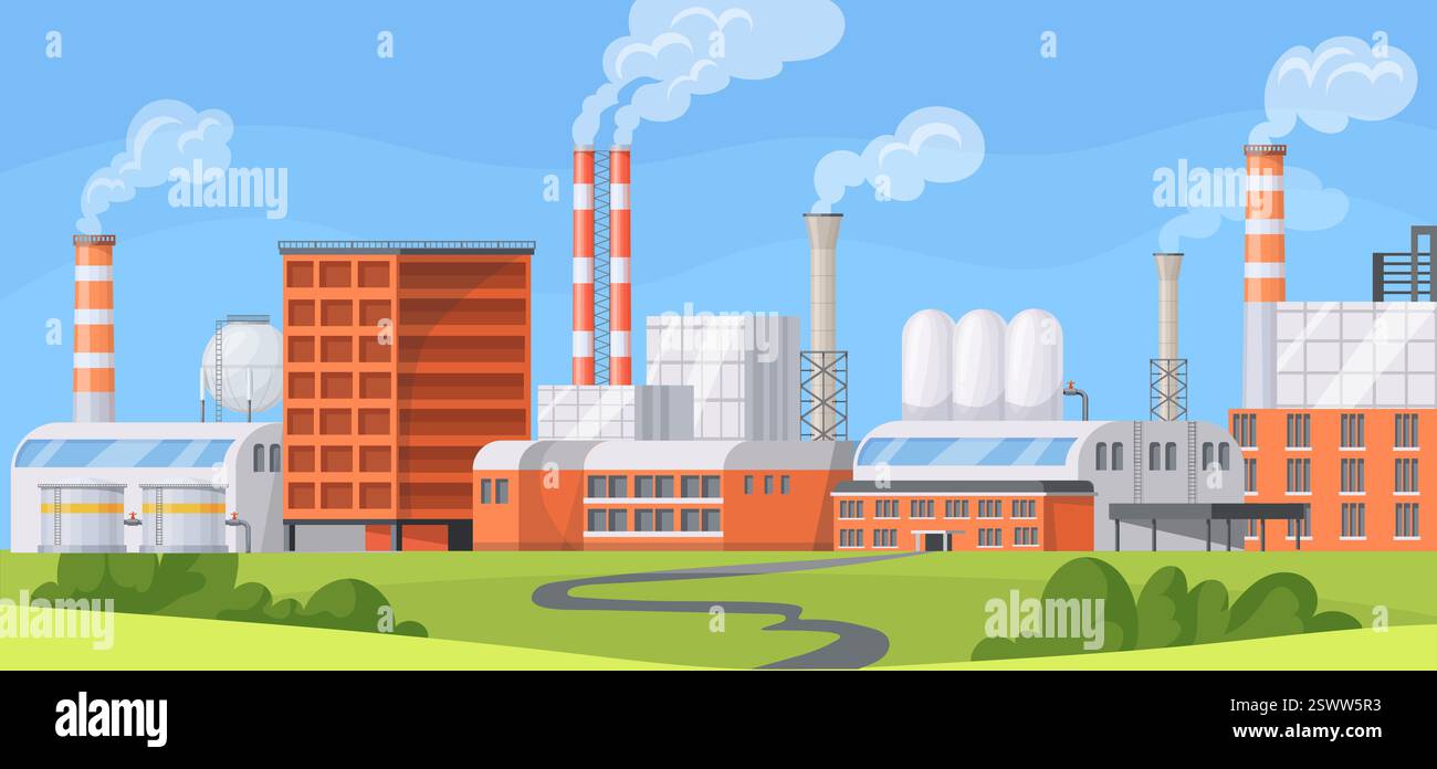Cartoon industrial complex. Industrial factory zone, manufacturing area ...