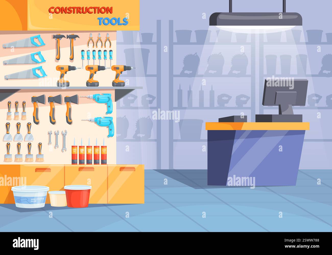 Tool store interior. Hardware shop room, repair market showcase and ...