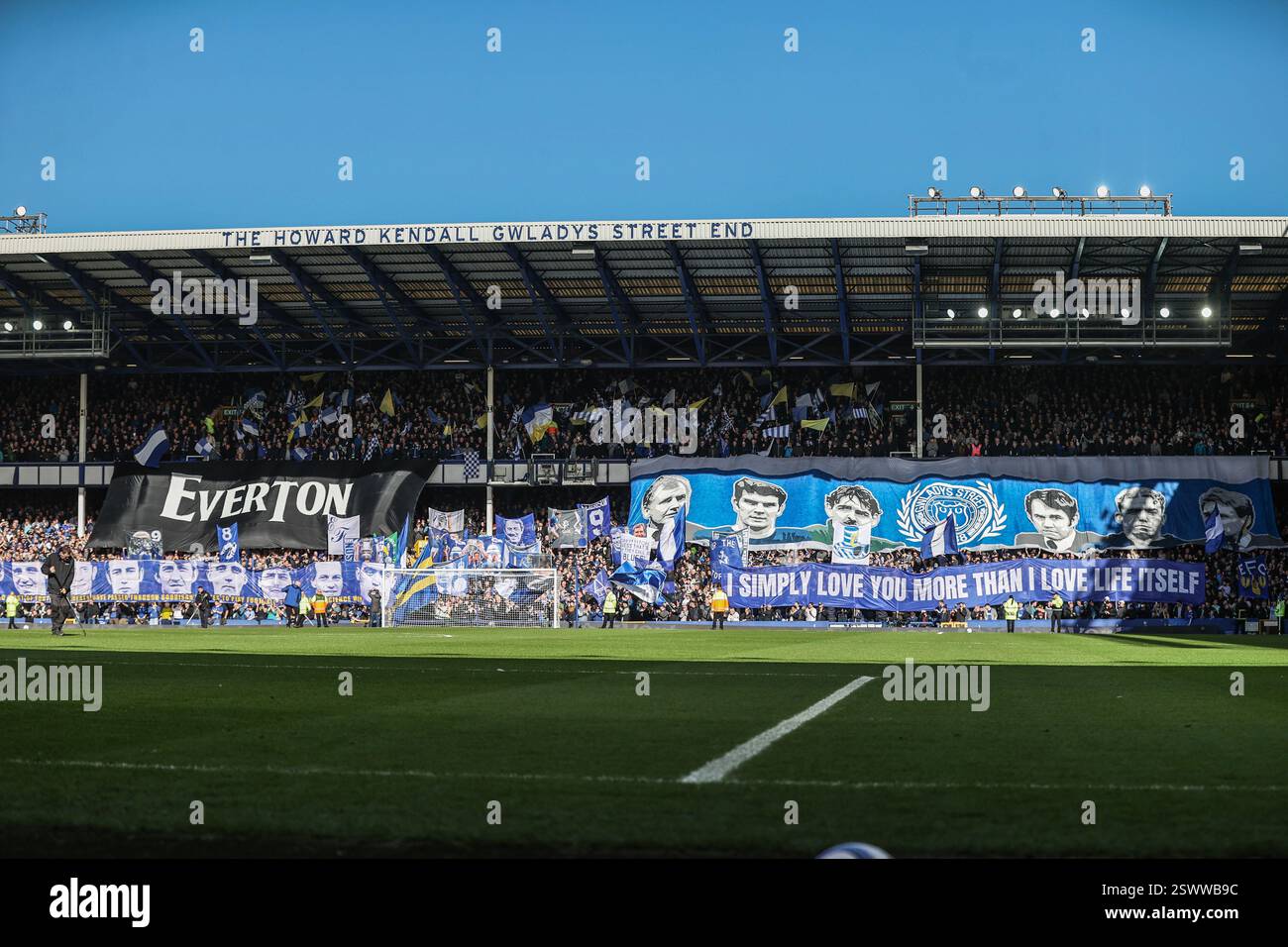 Everton fans hold up banners in the Howard Kendall Gwladys Street End ...