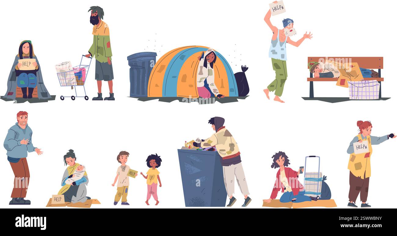 Homeless people. Poor characters on street, poverty beggar bum tramp ...