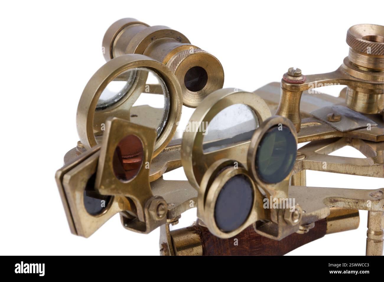 old nautical sextant with optics isolated on white background, close up ...