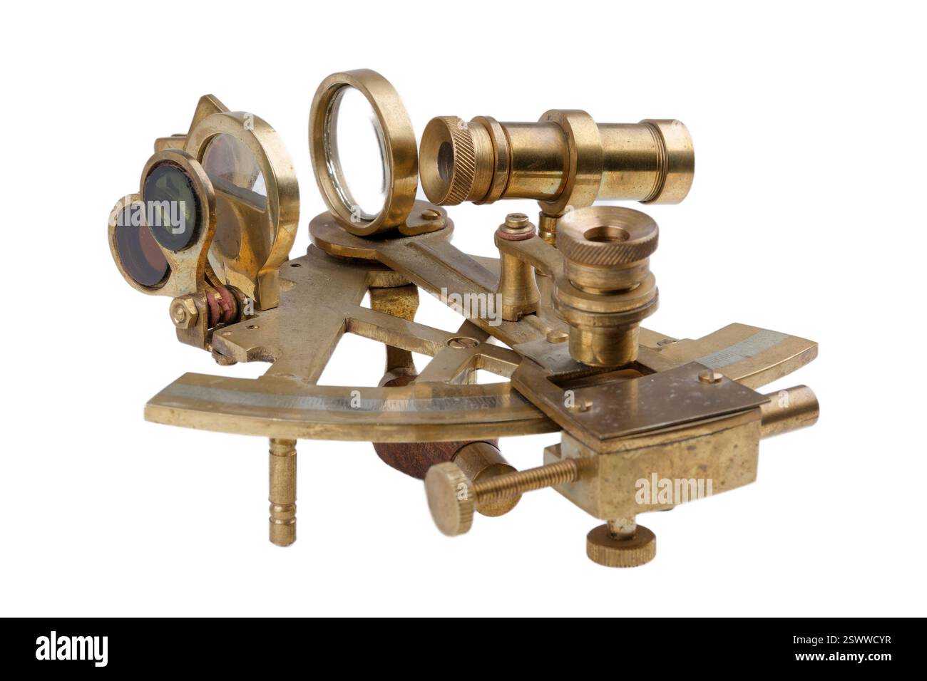 old nautical sextant with optics isolated on white background, close up ...