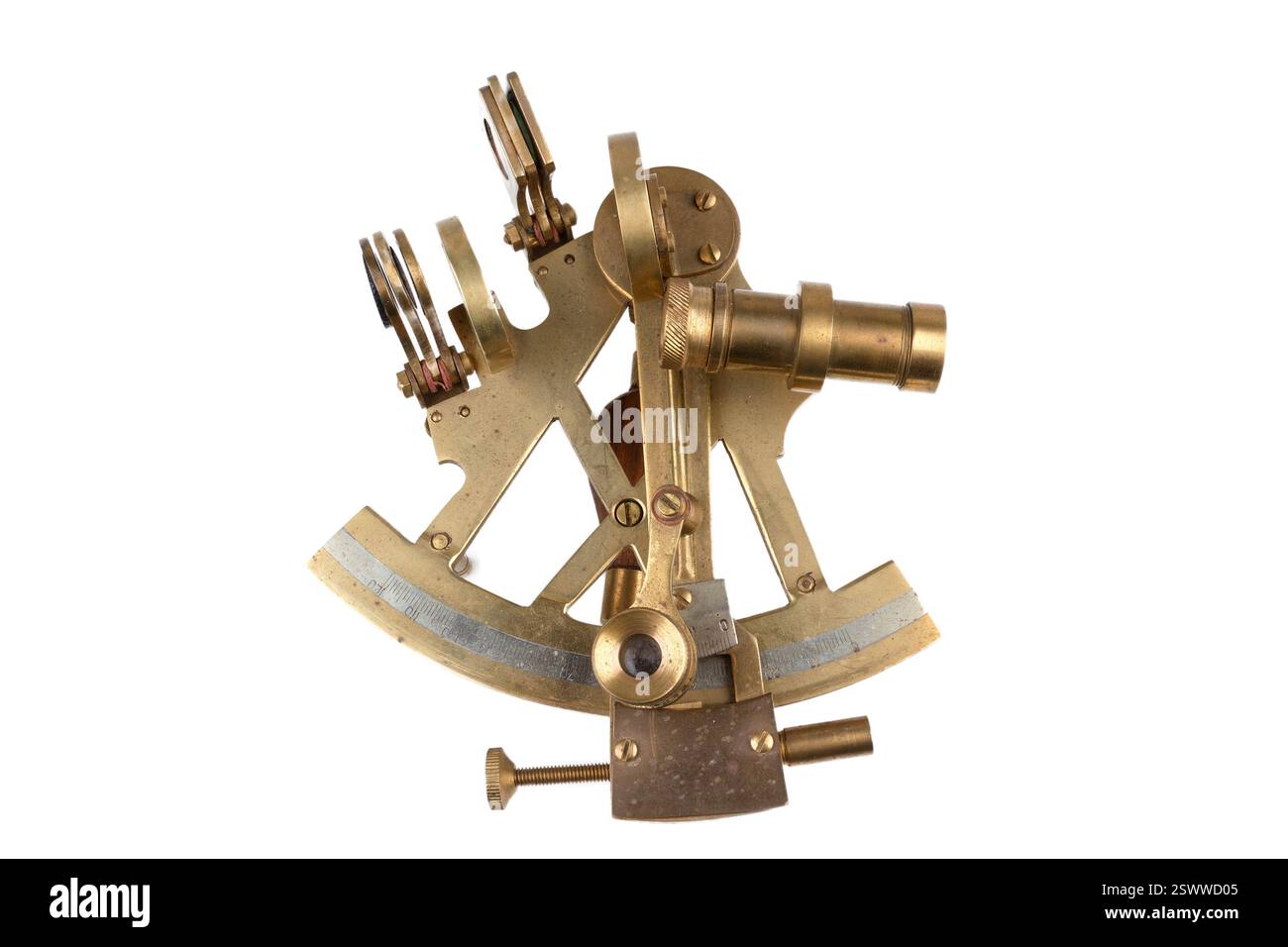 old nautical sextant with optics isolated on white background, close up ...