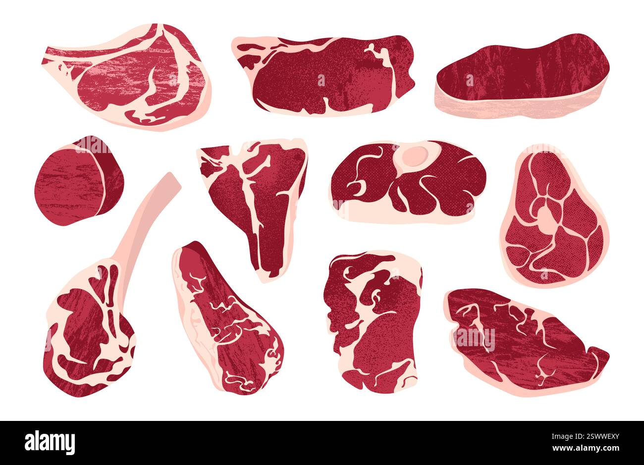 Raw meat elements. Cartoon fresh beef products, sliced steak ribs ...