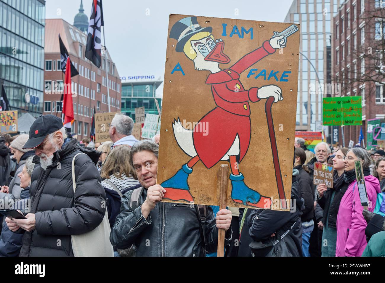 Hamburg, Germany. 22nd Feb, 2025. A participant in the demonstration ...