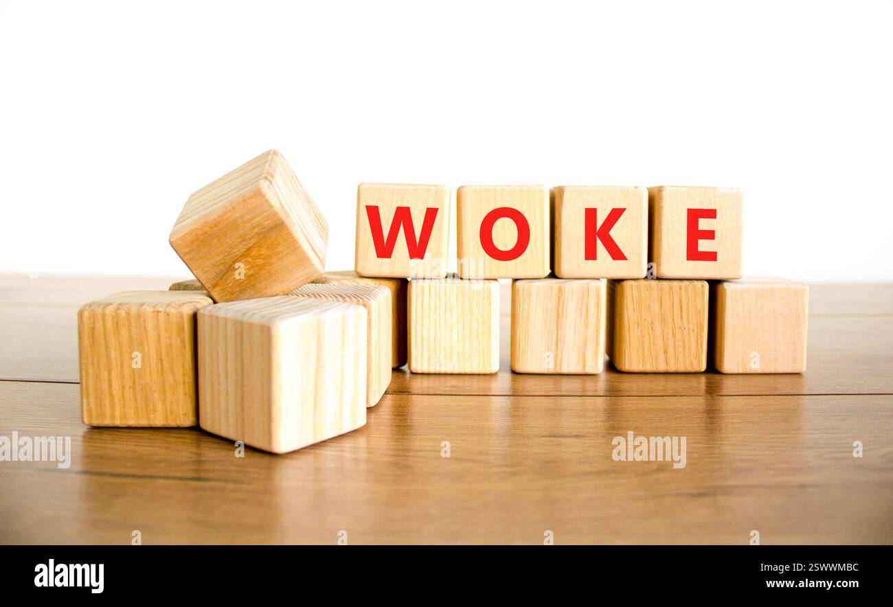 Woke question symbol. Concept word Woke question on beautiful wooden ...