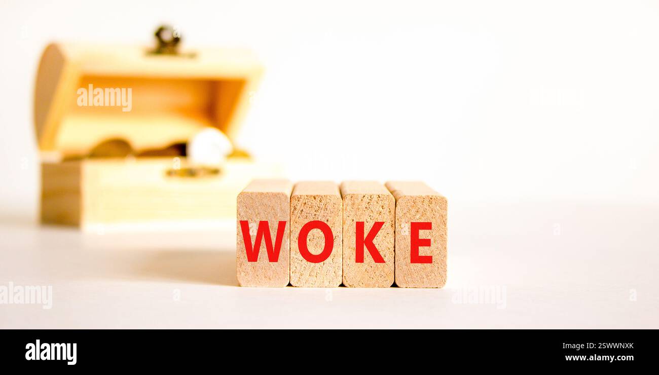 Woke question symbol. Concept word Woke question on beautiful wooden ...