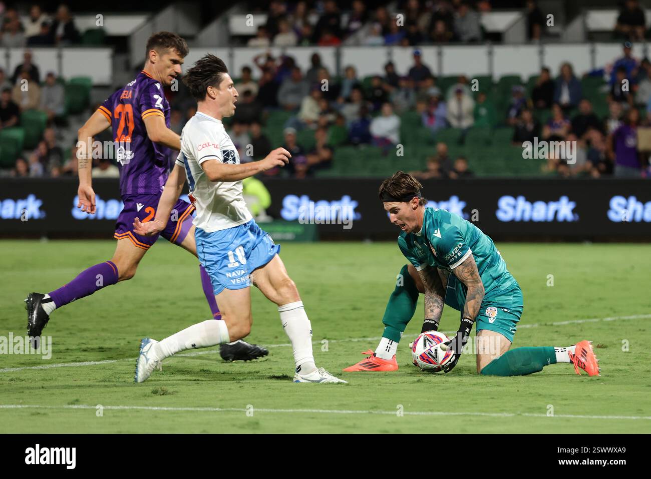 Perth, Australia. 22nd Feb, 2025. Oliver Sail of the Glory makes a save ...