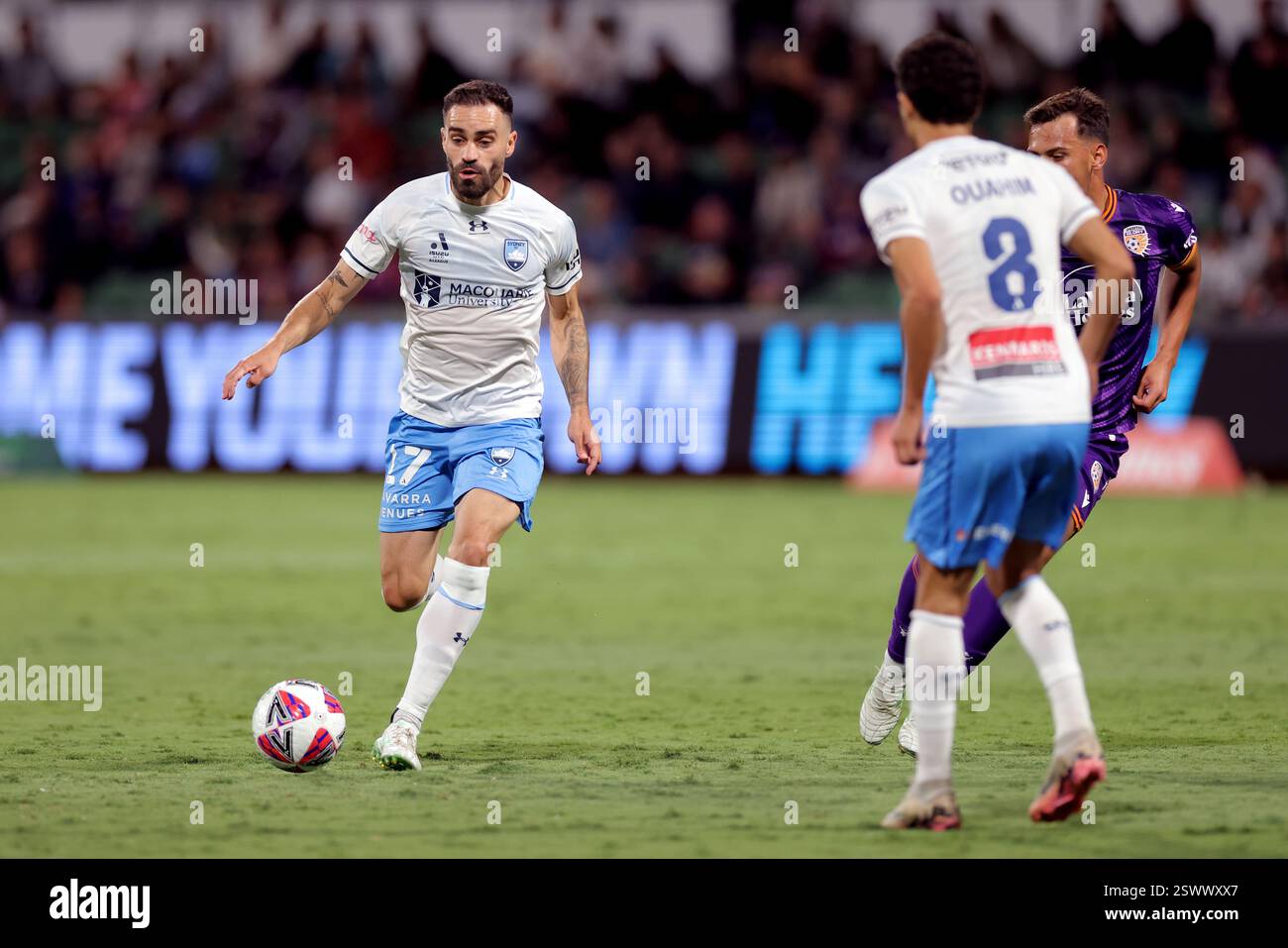 Perth, Australia. 22nd Feb, 2025. Anthony Caceres of Sydney FC runs the ...