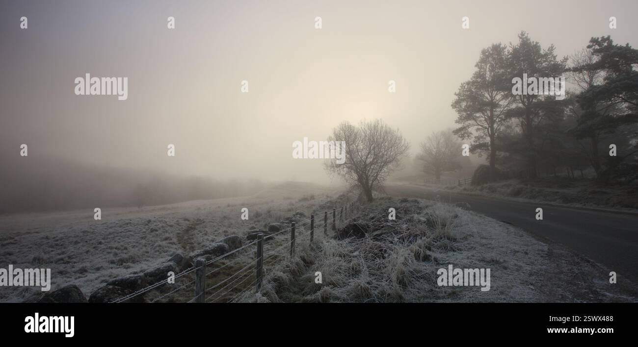 Cold winter freezing fog on the road to Glen Nevis in Lochaber Stock ...