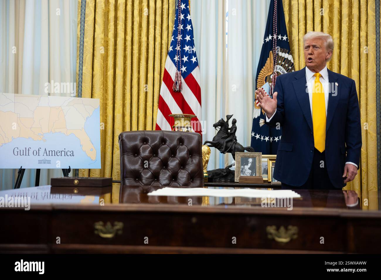 United States President Donald Trump speaks with reporters in the Oval ...