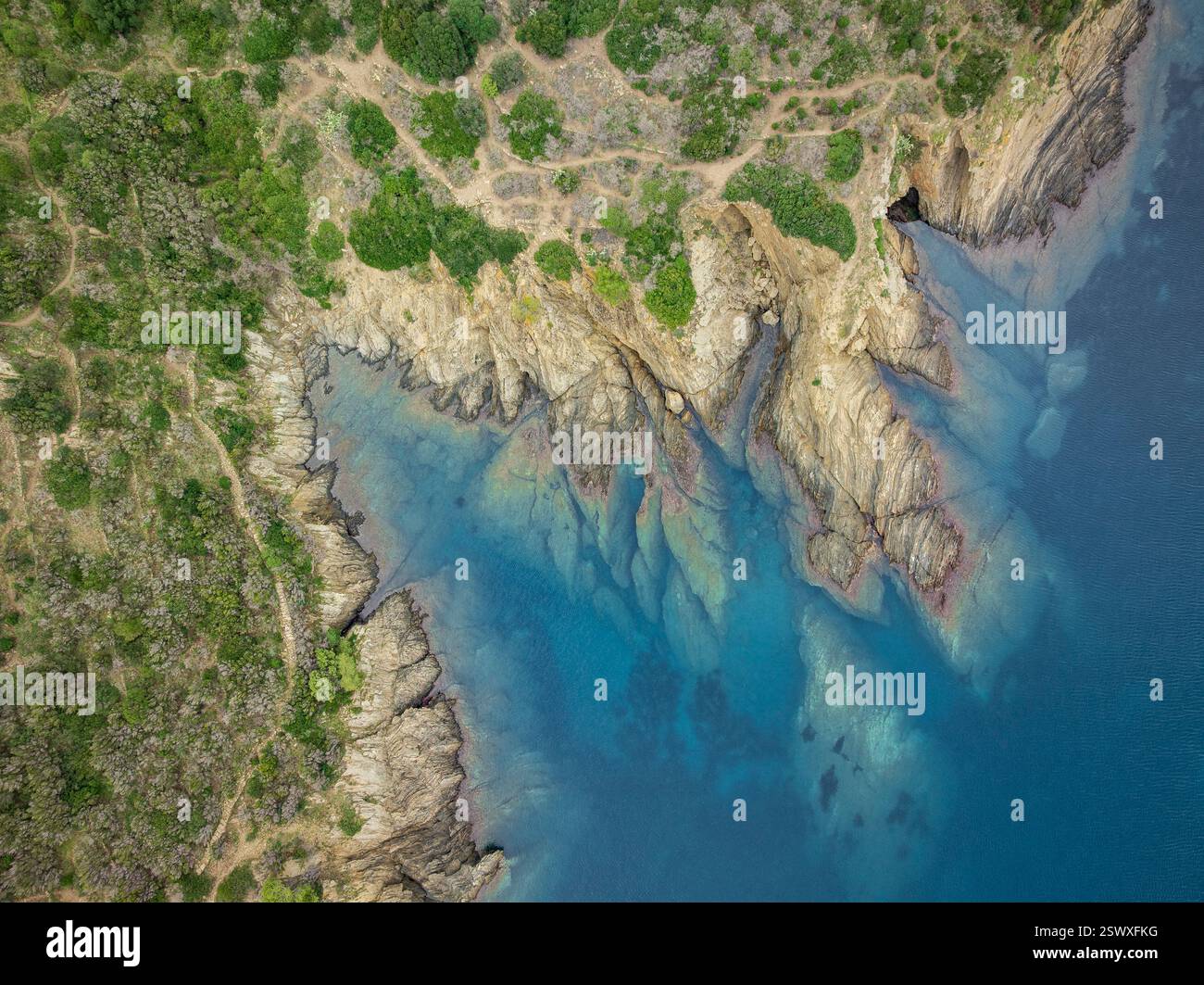 Aerial view of the rocky coast of Cap de Creus, near Cadaqués, in Costa ...