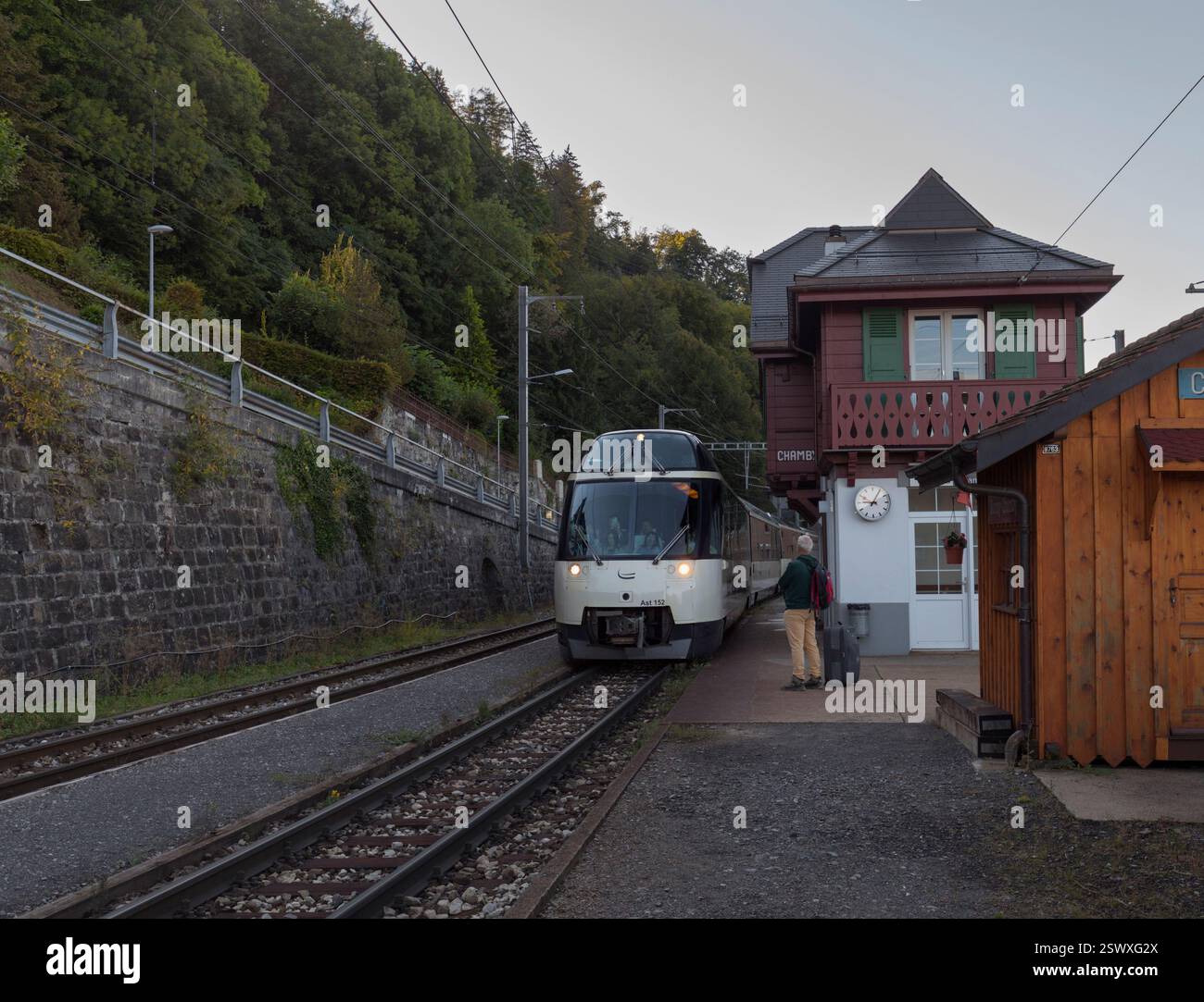 Swiss Golden pass train arriving at Chamby (Switzerland) on the ...
