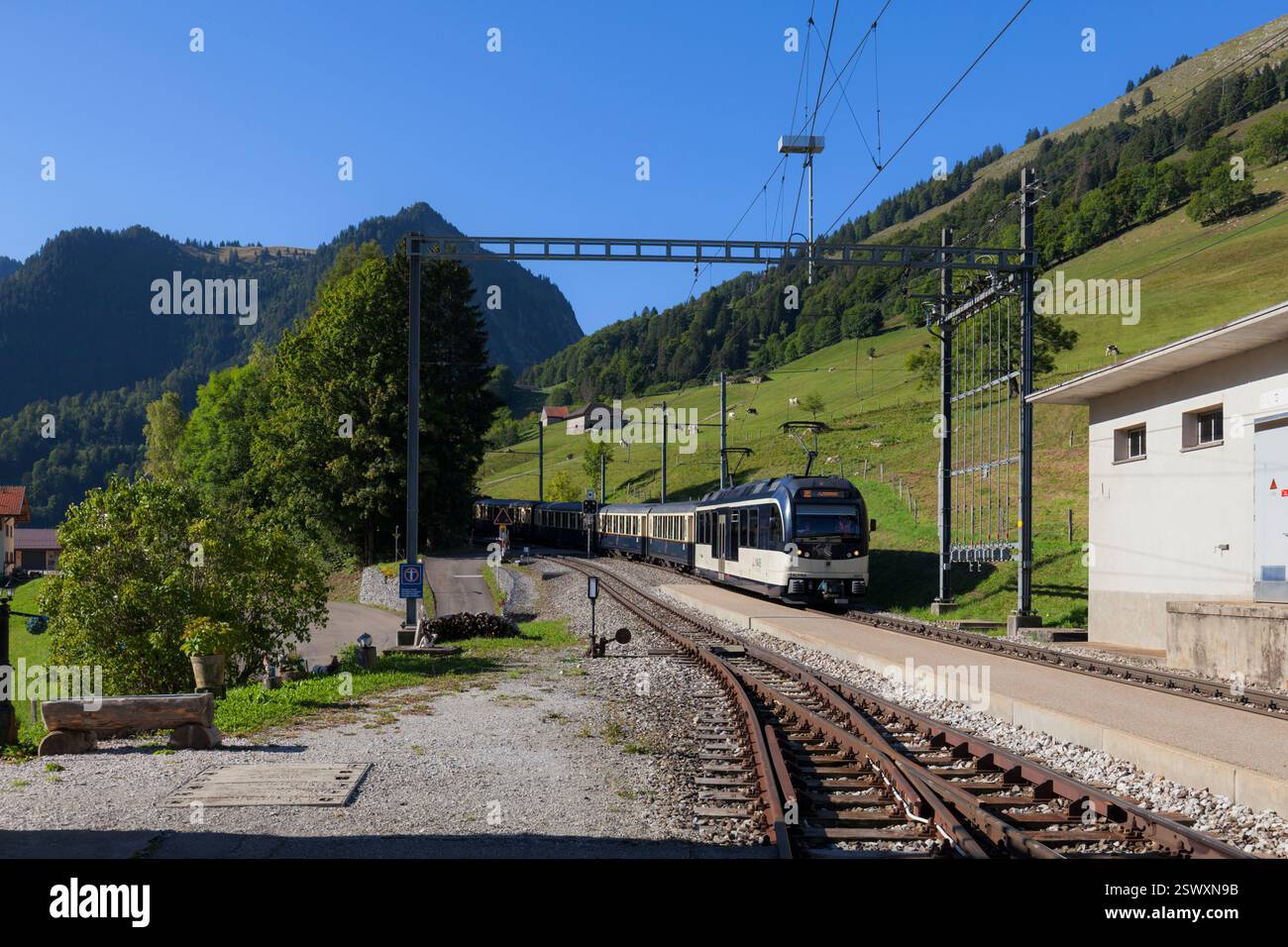 Swiss Golden pass train arriving at Allières (Switzerland) hauled by a ...