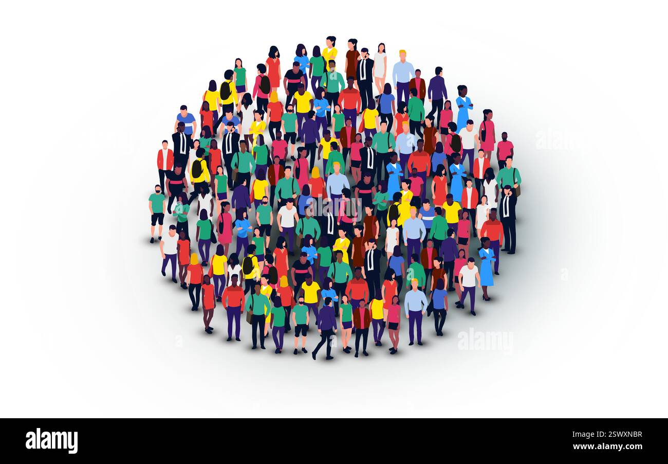 Large group of people in the shape of a circle on white background ...