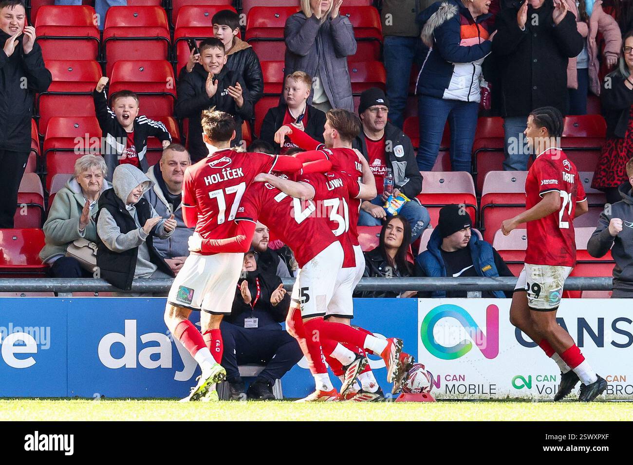 #30, Tom Lowery of Crewe Alexandra (3nd right) races to celebrate the ...