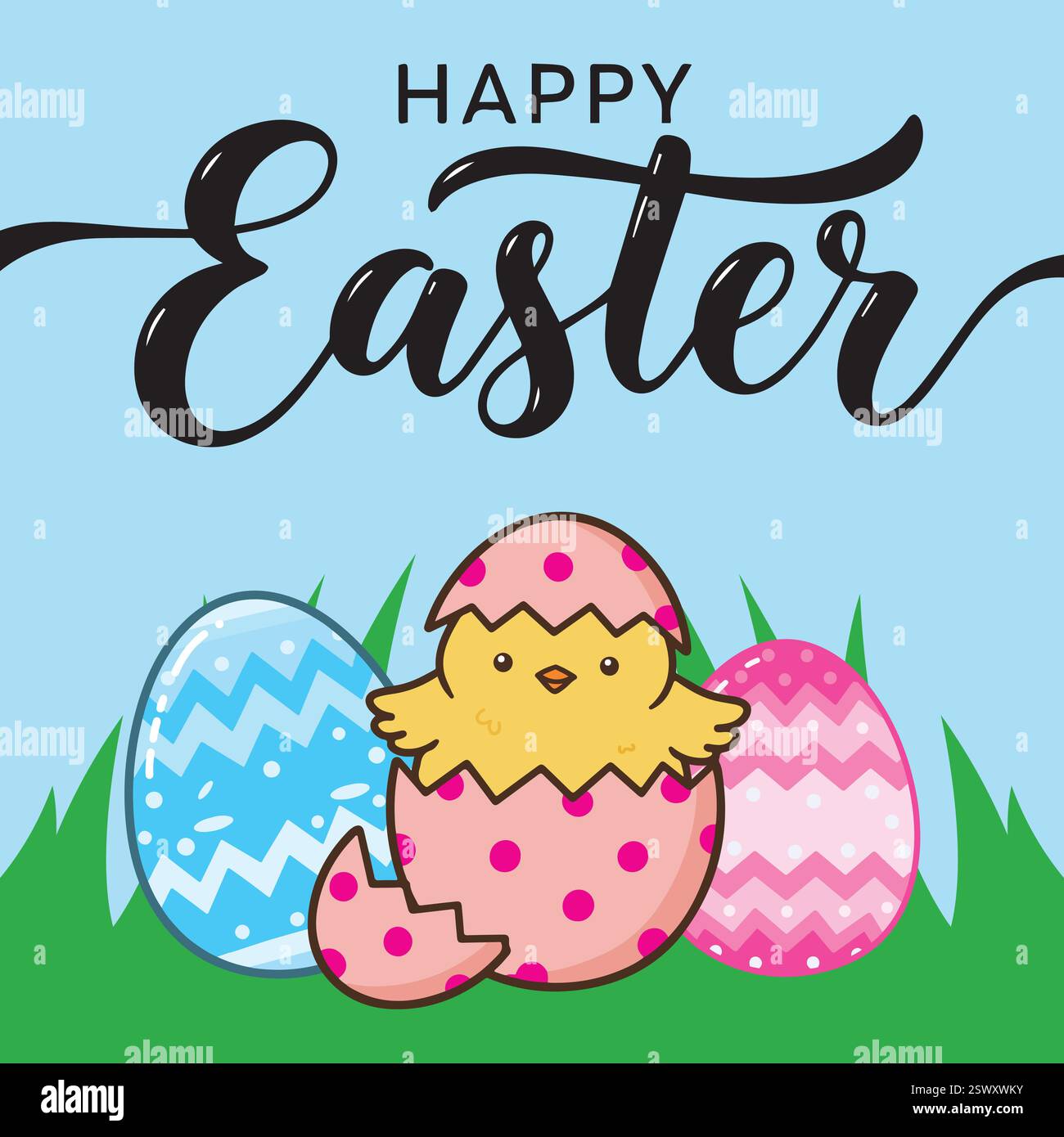 Happy Easter – Cute Chick and Colorful Easter Eggs Illustration Stock ...