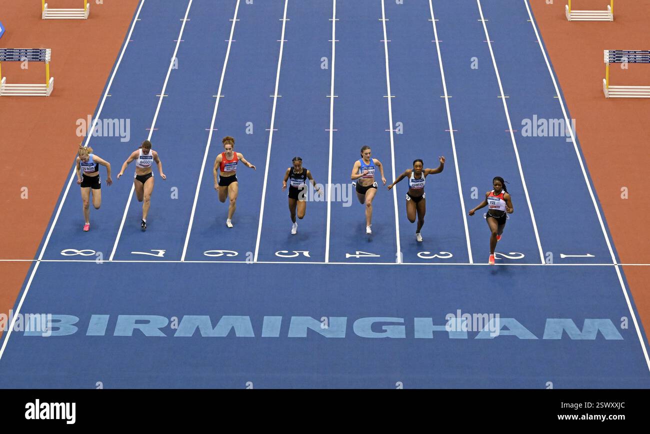 Birmingham, UK, 22 February 2025. Heat 1, 1st, EZE Joy, 2nd, ASHMEADE ...