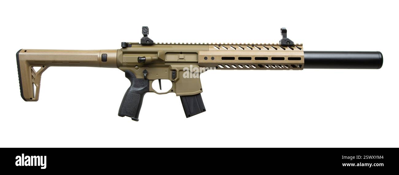 Airsoft replica of a modern AR-style carbine, featuring tan and black ...
