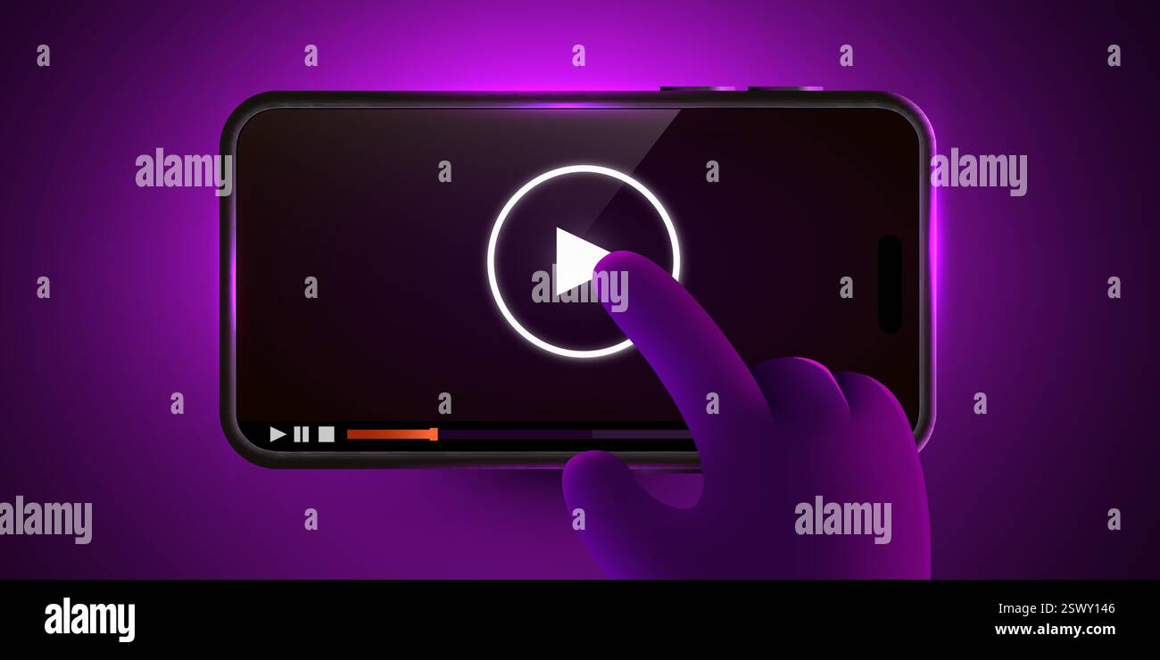 Hand touching Mobile Video Player UI. Online TV Watching on Device ...