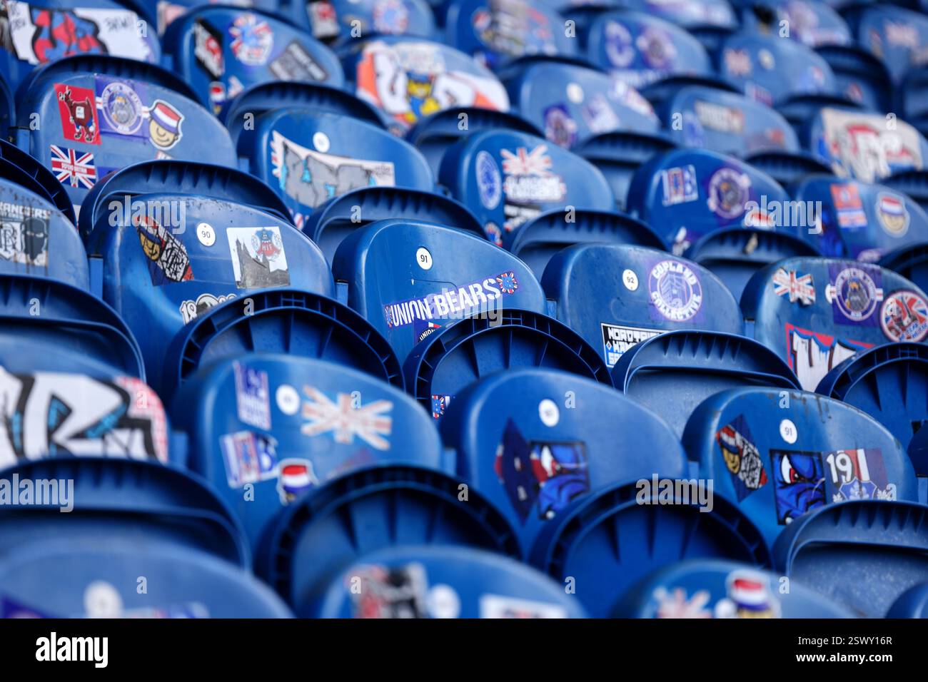 Union Bears stickers on seating at Ibrox Stadium, Glasgow. Picture date ...