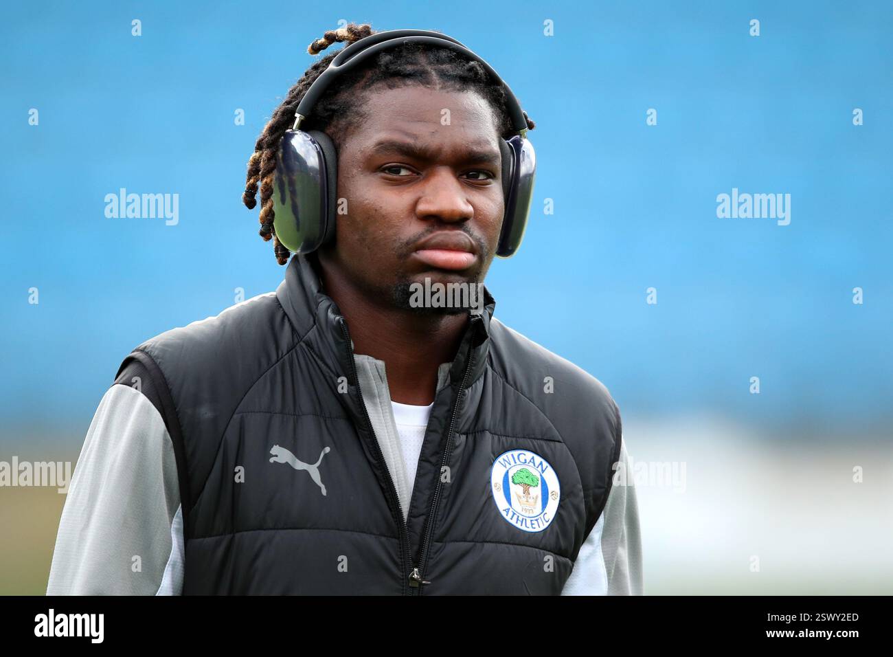 Wigan Athletic's Baba Adeeko arrives prior to the Sky Bet League One ...