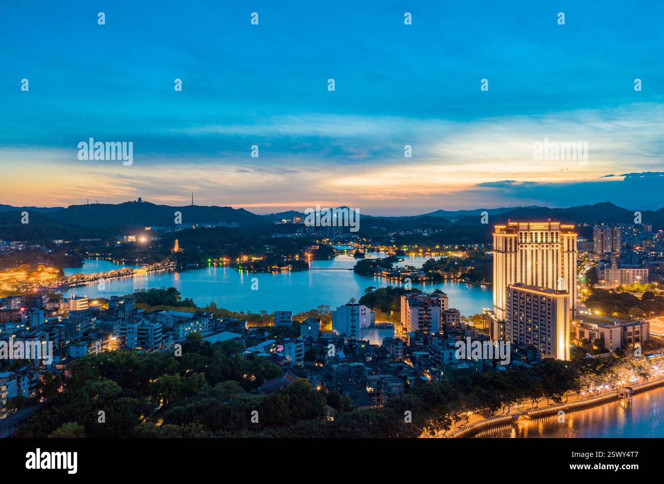 Aerial view of West Lake at night, Huizhou City, Guangdong province ...