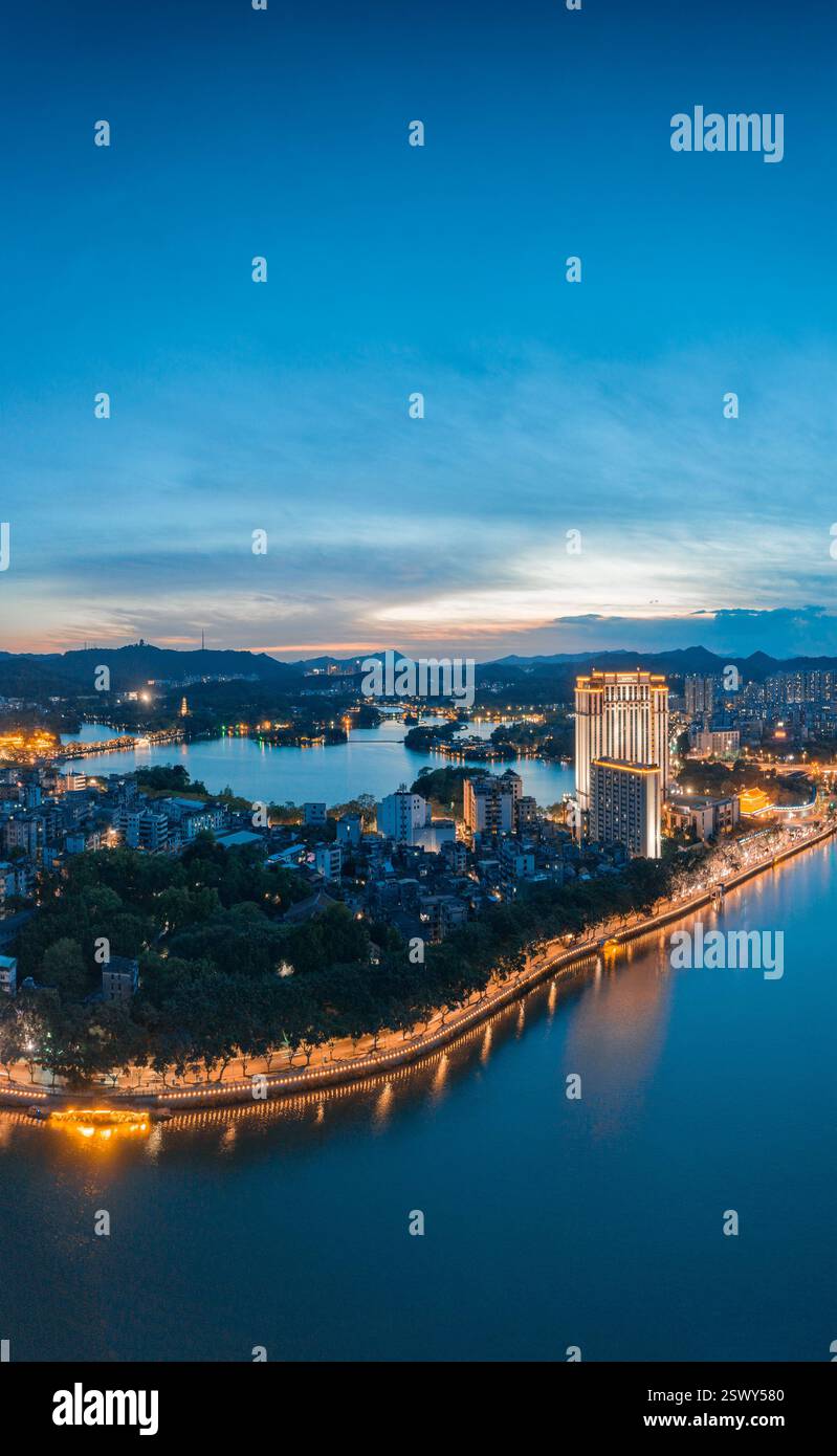 Aerial view of West Lake at night, Huizhou City, Guangdong province ...