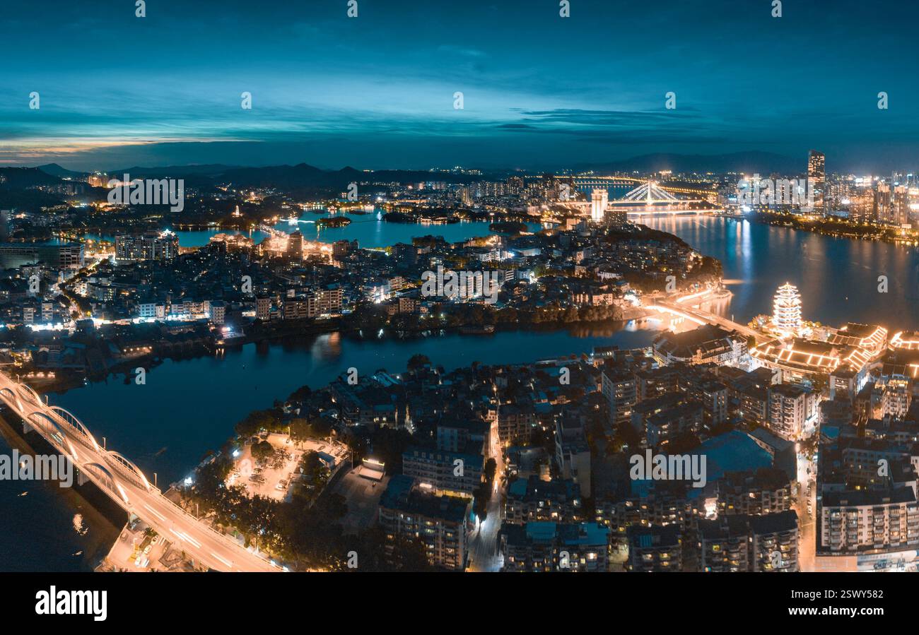 Aerial view of West Lake at night, Huizhou City, Guangdong province ...