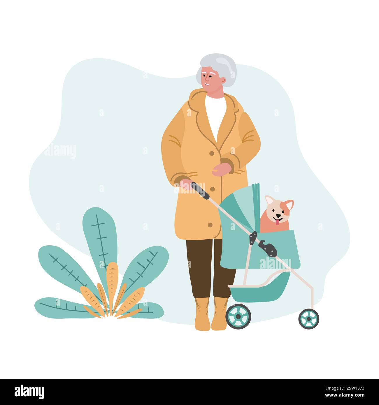 Vector illustration Retirement leisure. Elderly woman with folding dog ...