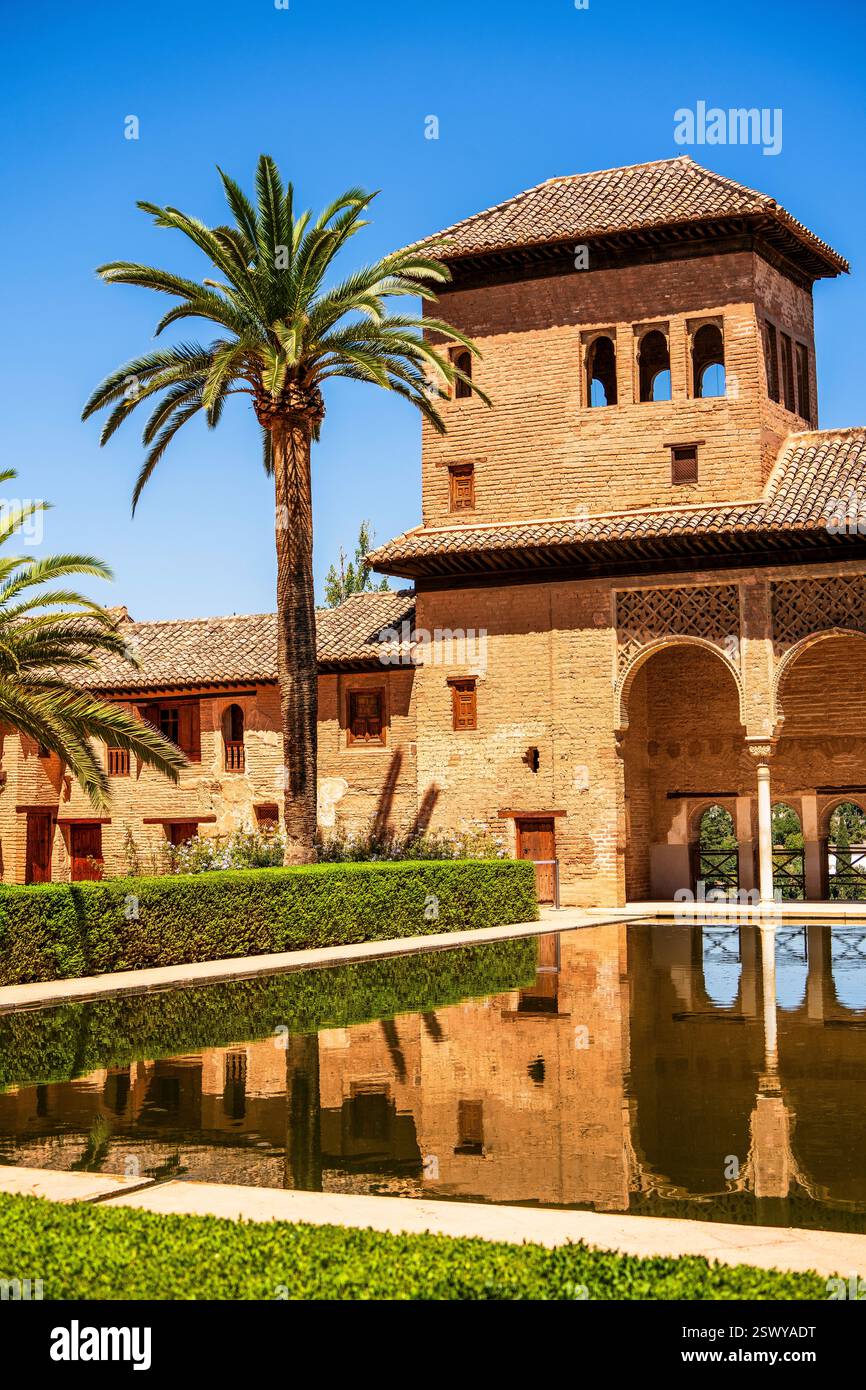 The Partal Palace of Alhambra with Tower, Palm Trees, Reflecting Pool ...