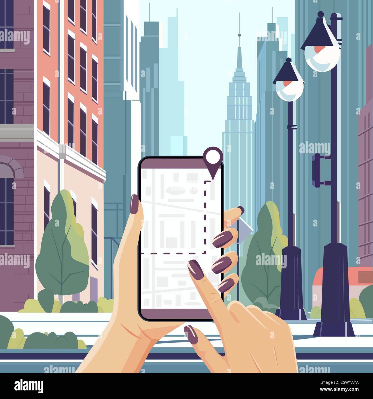 Vector illustration Walk around city. Navigation. Hands holding cell ...