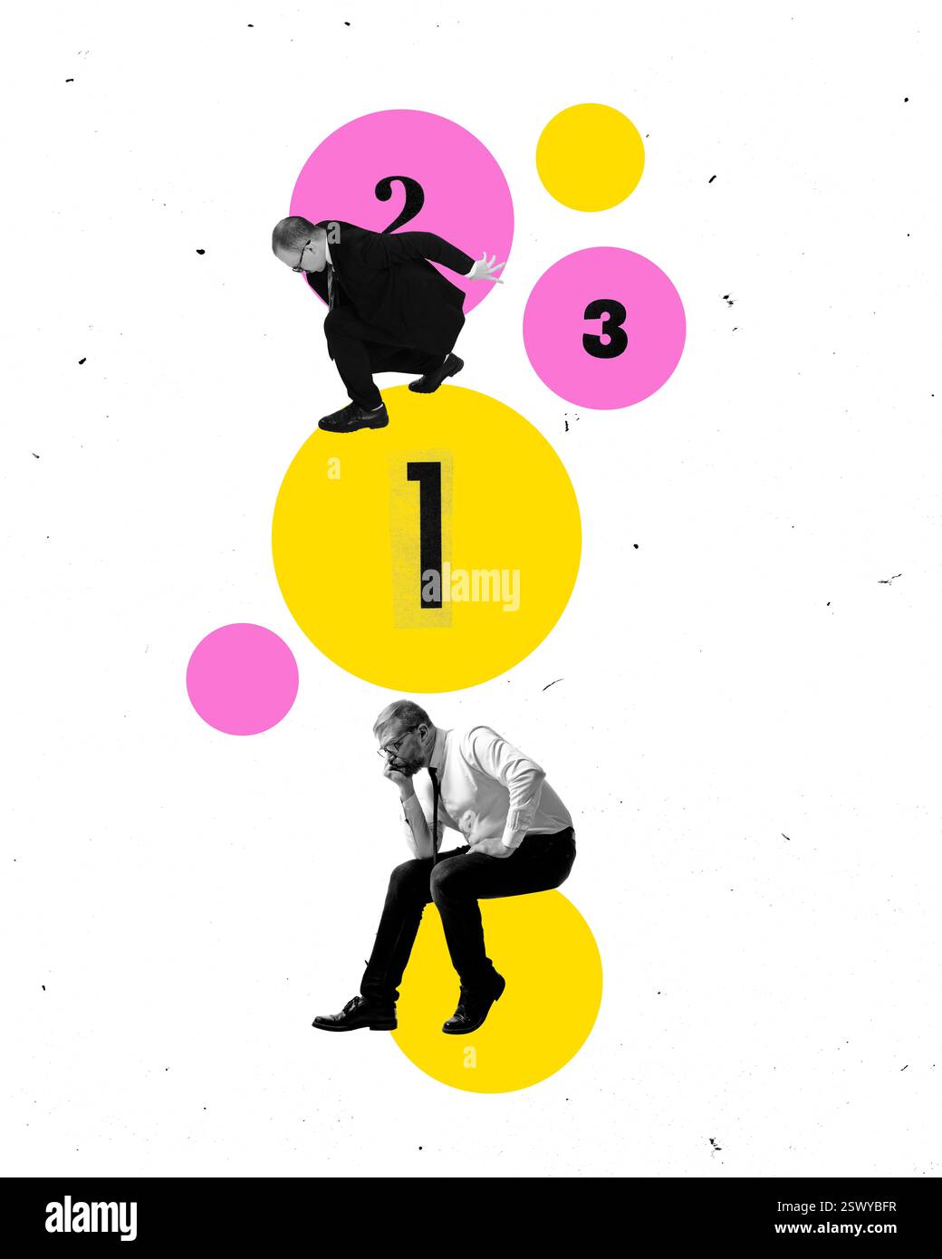 Composite image. Two businessmen positioned on large numbered yellow ...