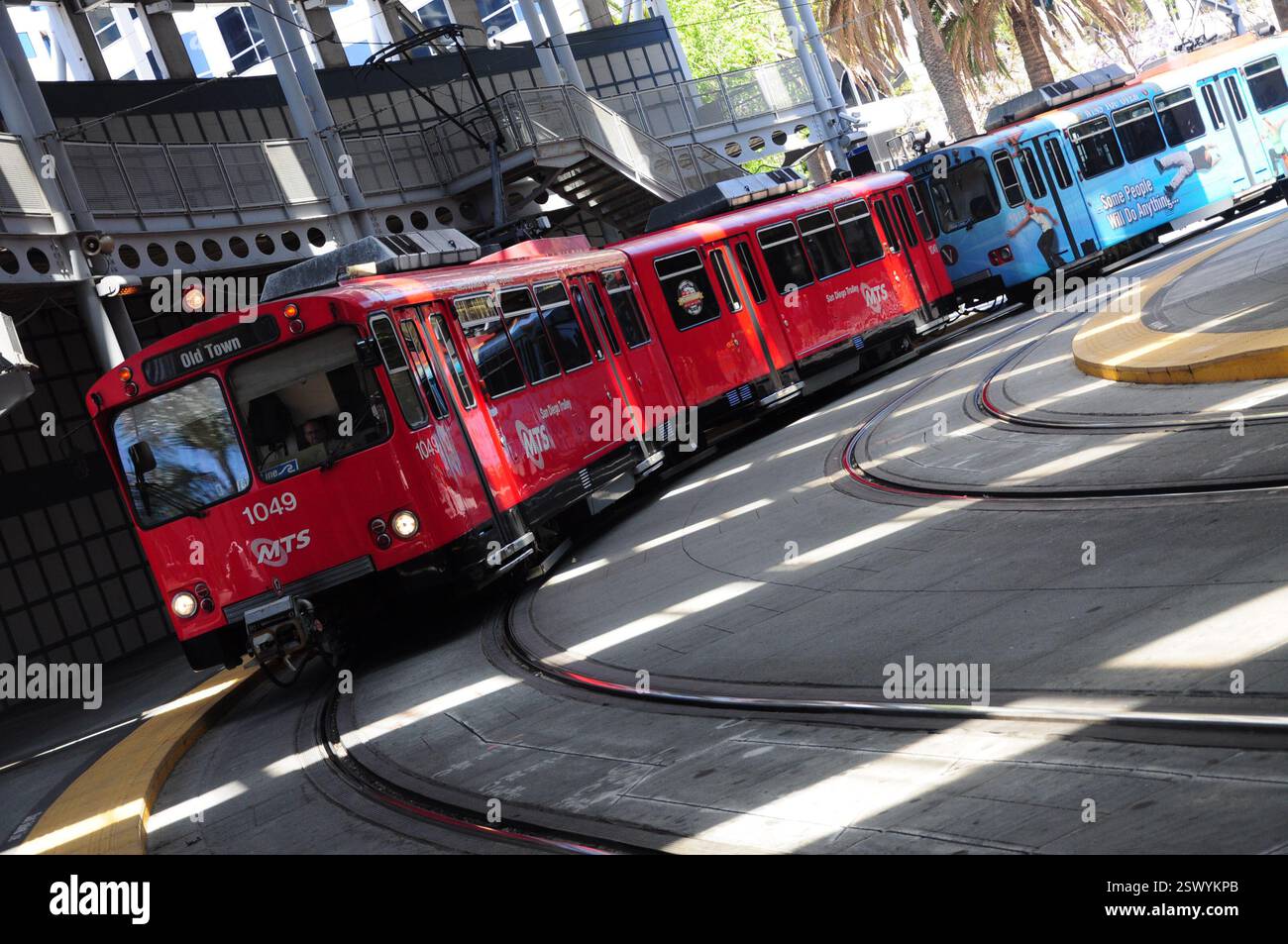 San Diego streets, California, USA: San Diego trolley trains navigating ...