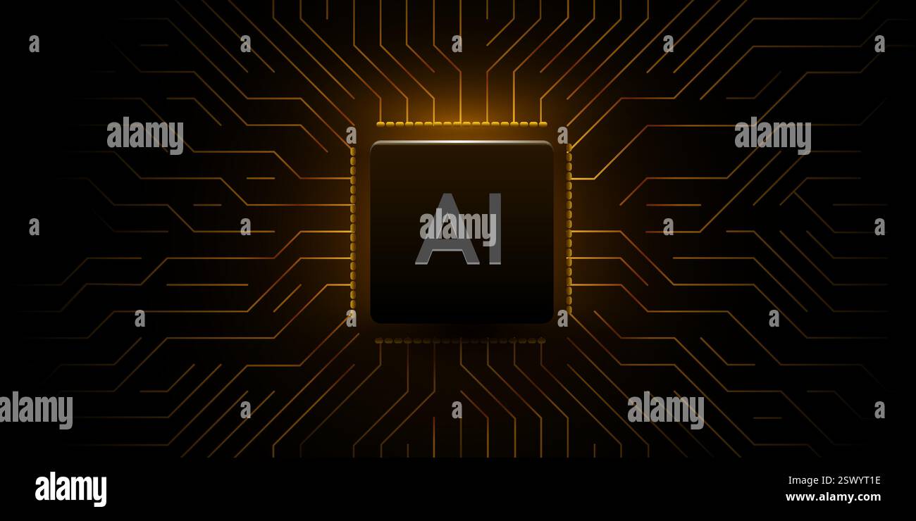 Glowing AI golden chip on circuit board. Technology background. CPU processor on tech bg ...