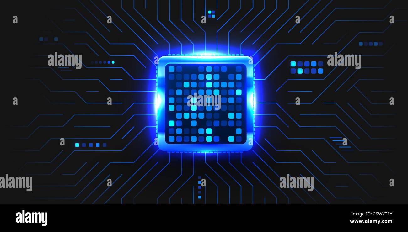 Brightly glowing AI chip on circuit board. Technology background. CPU ...