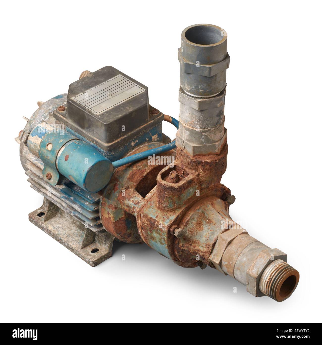 rusty old electric water pump isolated white background, top view of ...