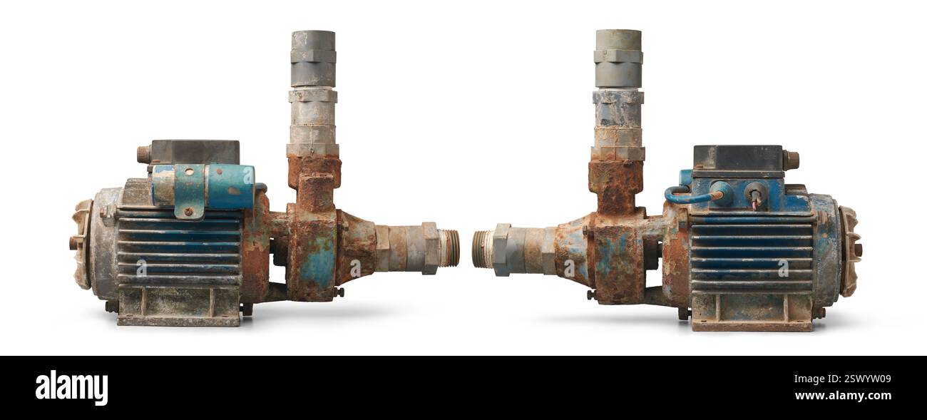 rusty old electric water pump isolated white background, signs of rust ...