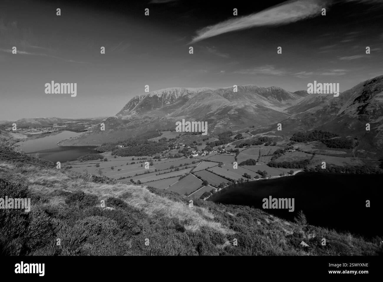 Summer view over Buttermere village from High Stile fell, Lake District ...