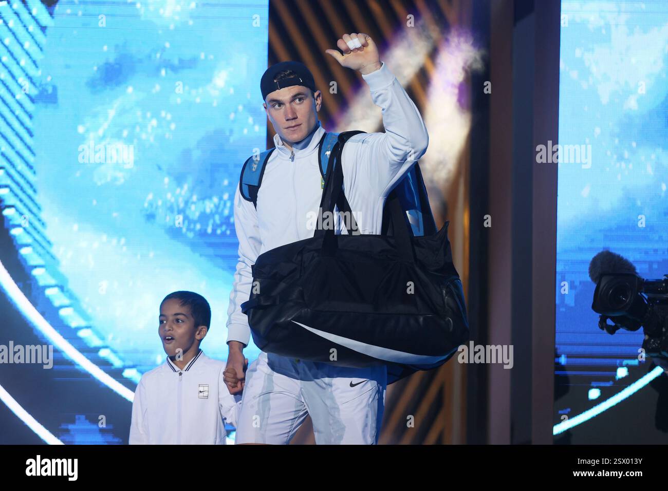 Britain's Jack Draper enters the court for the final match of the Qatar ...